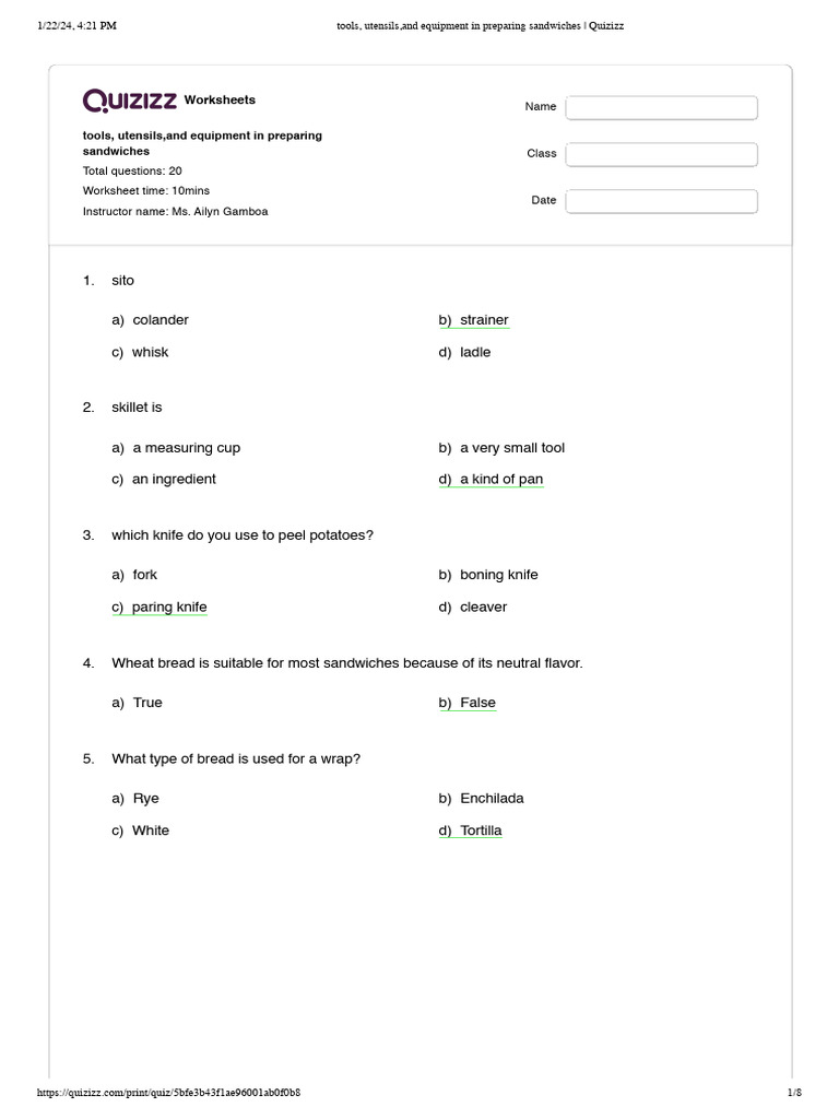 Sandwich Preparation Tools Quiz | PDF | Kitchen Utensil | Spoon
