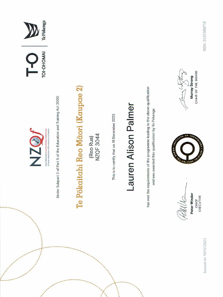 Te Reo Certificate 000135 | PDF