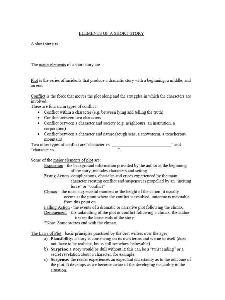 ELEMENTS OF A SHORT STORY - Student Handout Blanks | PDF | Narration ...