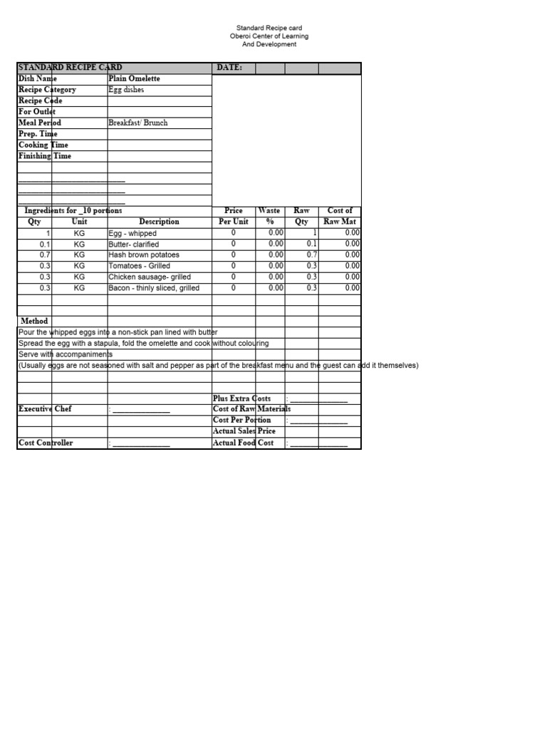 Plain Omelette Recipe Card | PDF