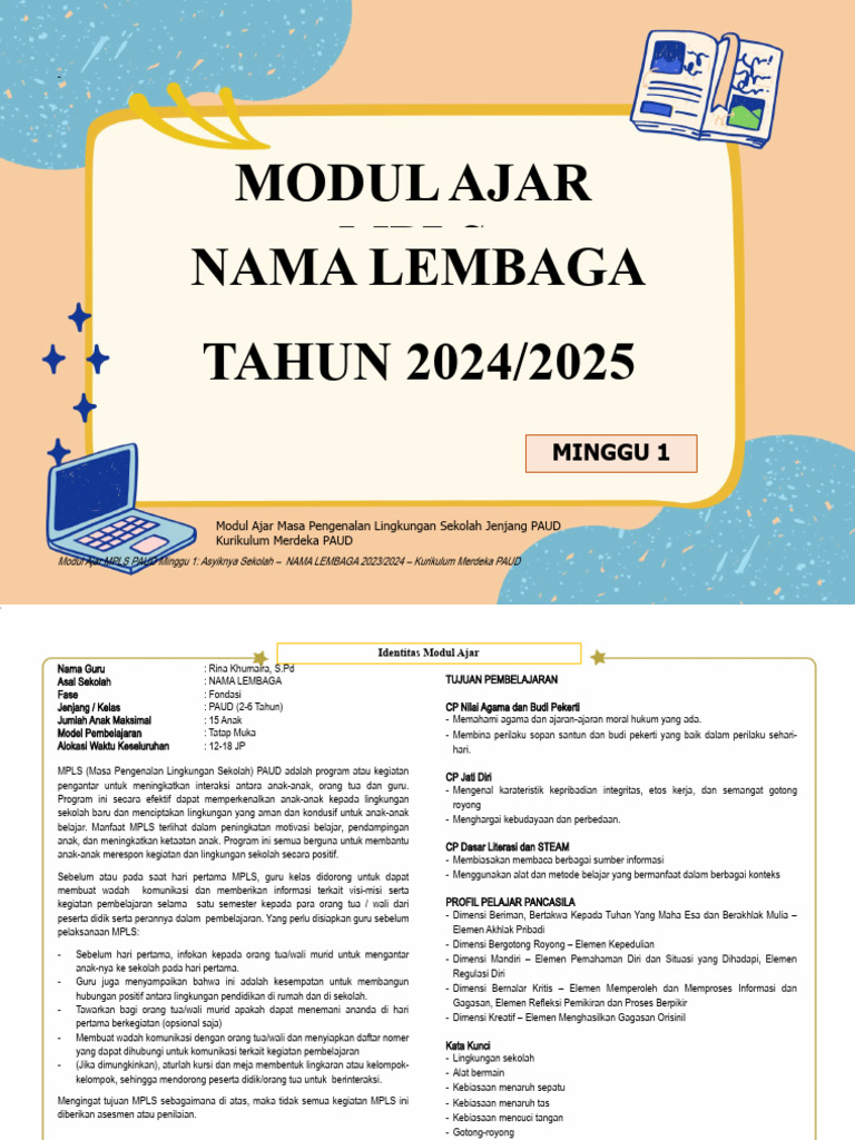 RPP Modul Ajar MPLS PAUD 2024 2025 Minggu 1 | PDF
