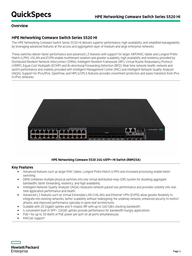 HPE Networking Comware Switch Series 5520 HI-a50002587enw | PDF | Computer Network | Network Switch