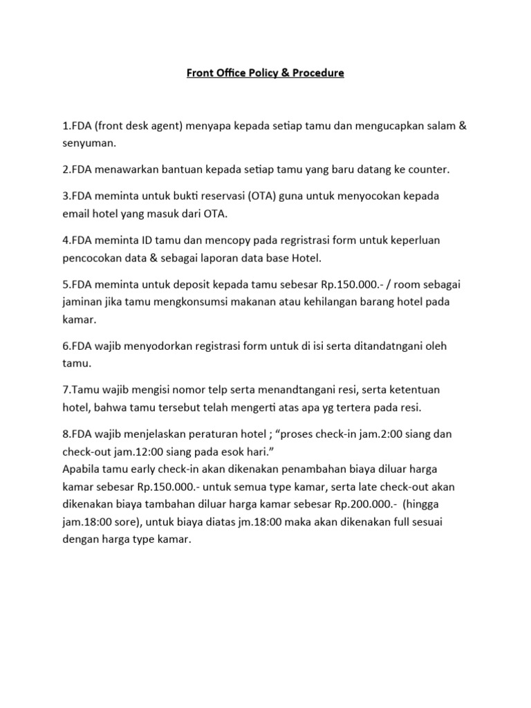 Front Office Policy & Prosedure | PDF | Bisnis