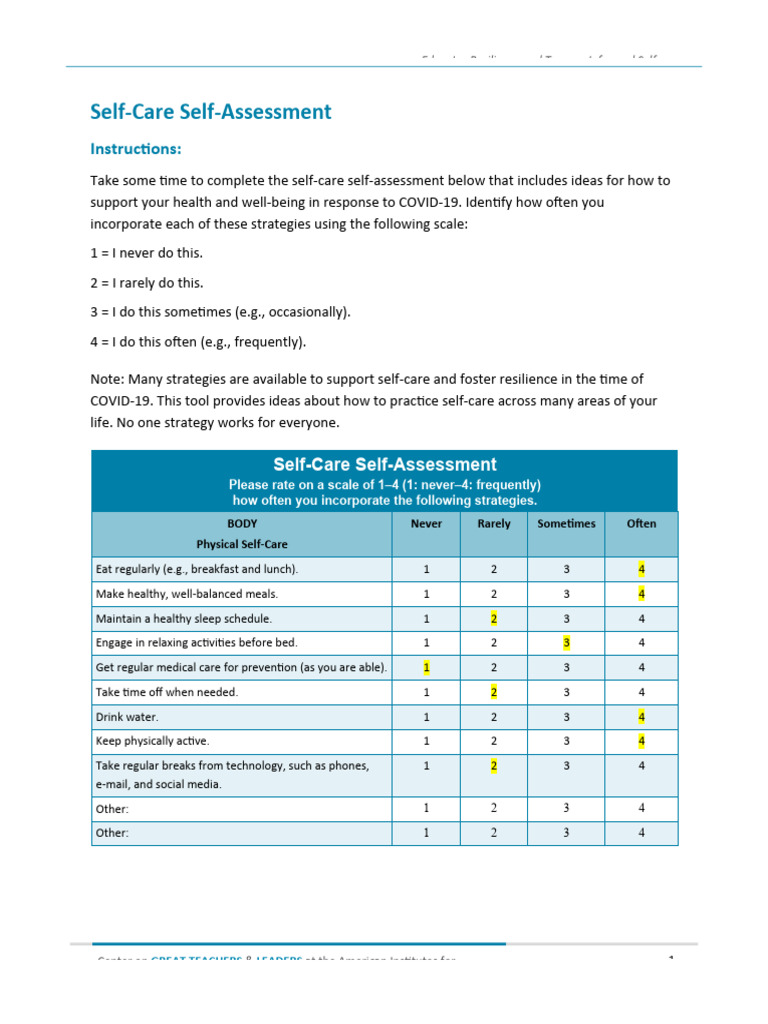 Self-Care-Self-Assessment Templete | Download Free PDF | Psychological ...