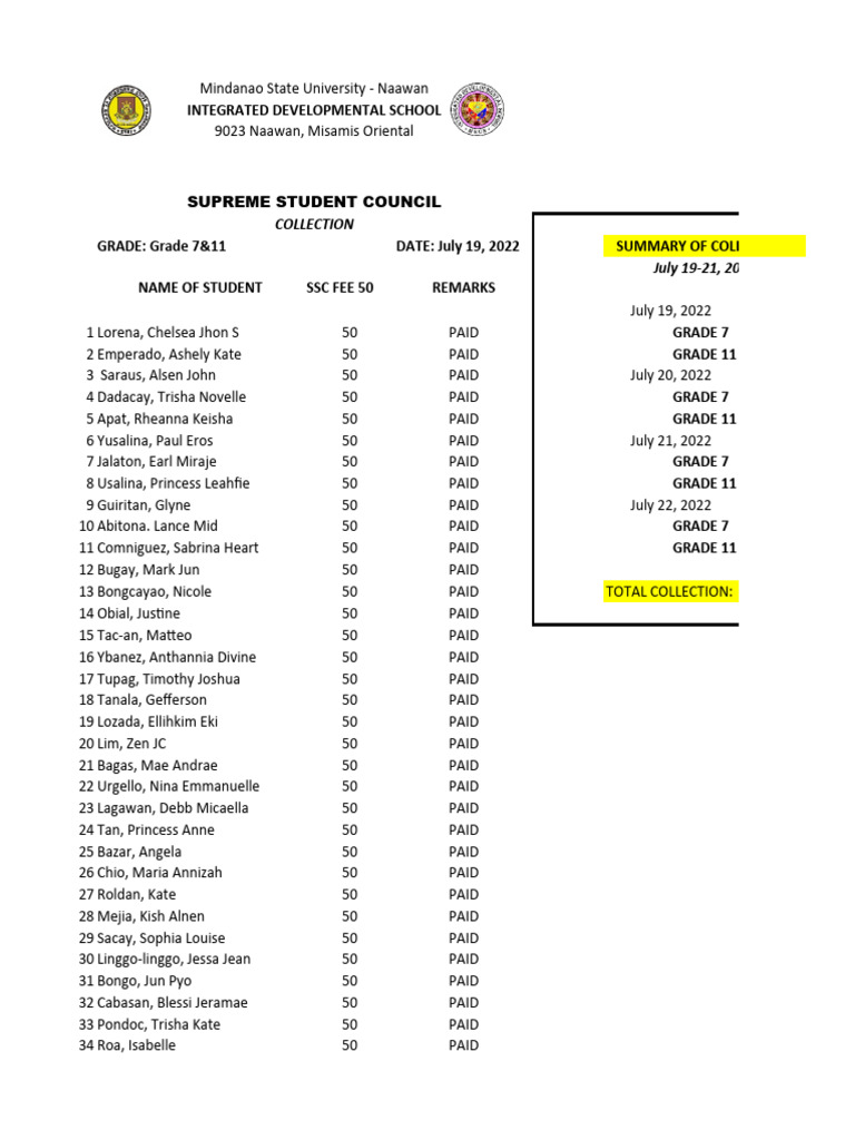 Student Council Fee Collection | PDF