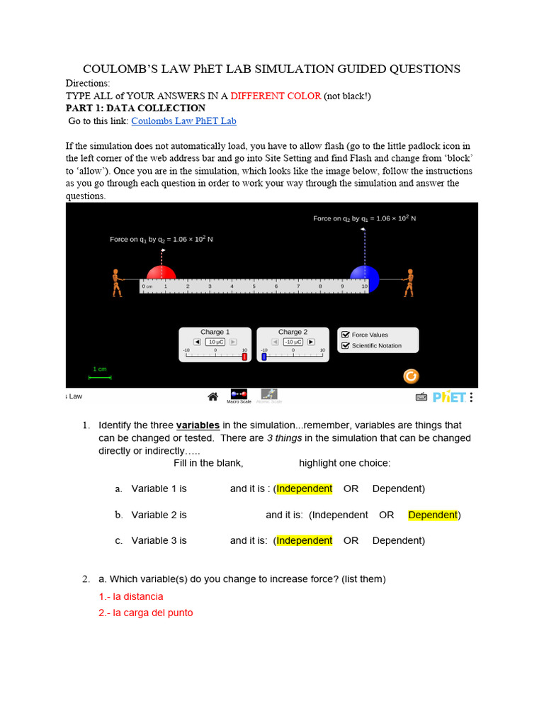 Coulombs Law PhET Simulation Analysis Activity Distance Learning | PDF ...