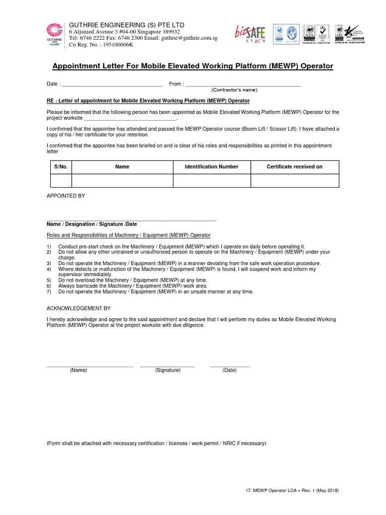 Mewp Operator Loa | Download Free PDF | Transport | Vehicles