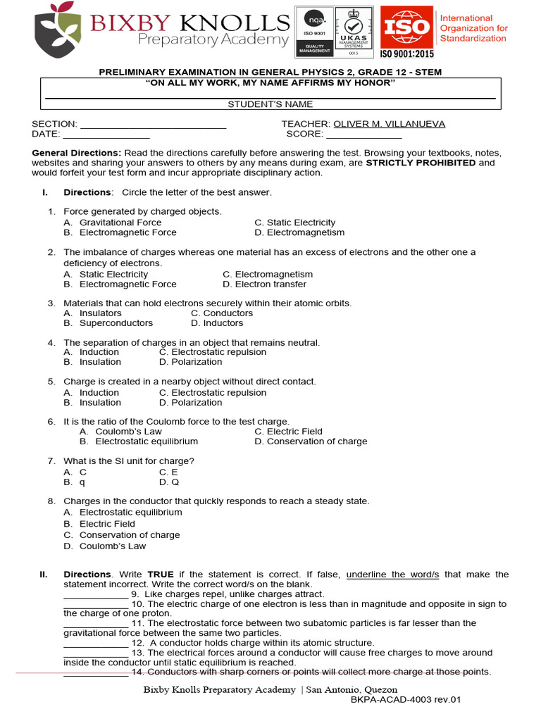 Phys2 - Preliminary Exam | PDF | Electric Charge | Electrostatics