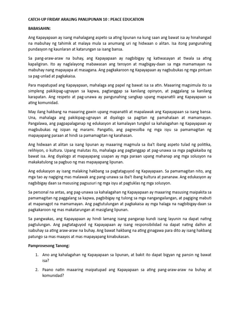 Ap Catch Up Friday Peace Education | PDF