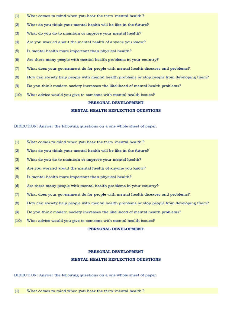 Mental Health - Questions | PDF | Mental Health | Mental Disorder