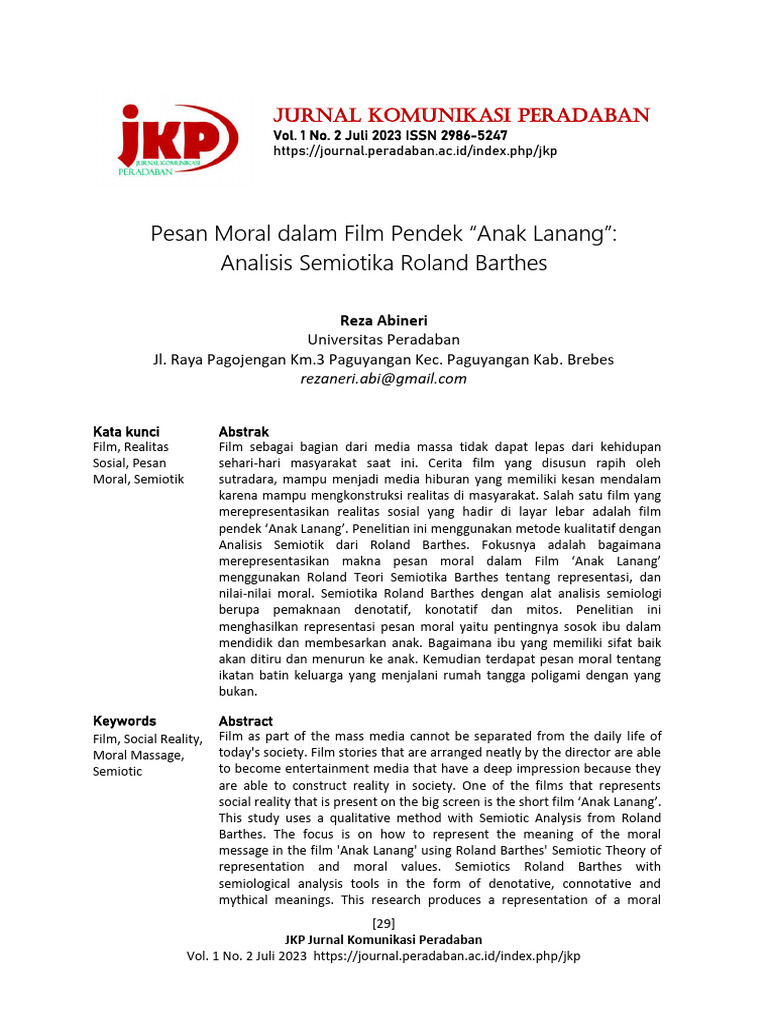 Pesan Moral Dalam Film Pendek Anak Lanang Analisis Semiotika Roland Barthes | PDF