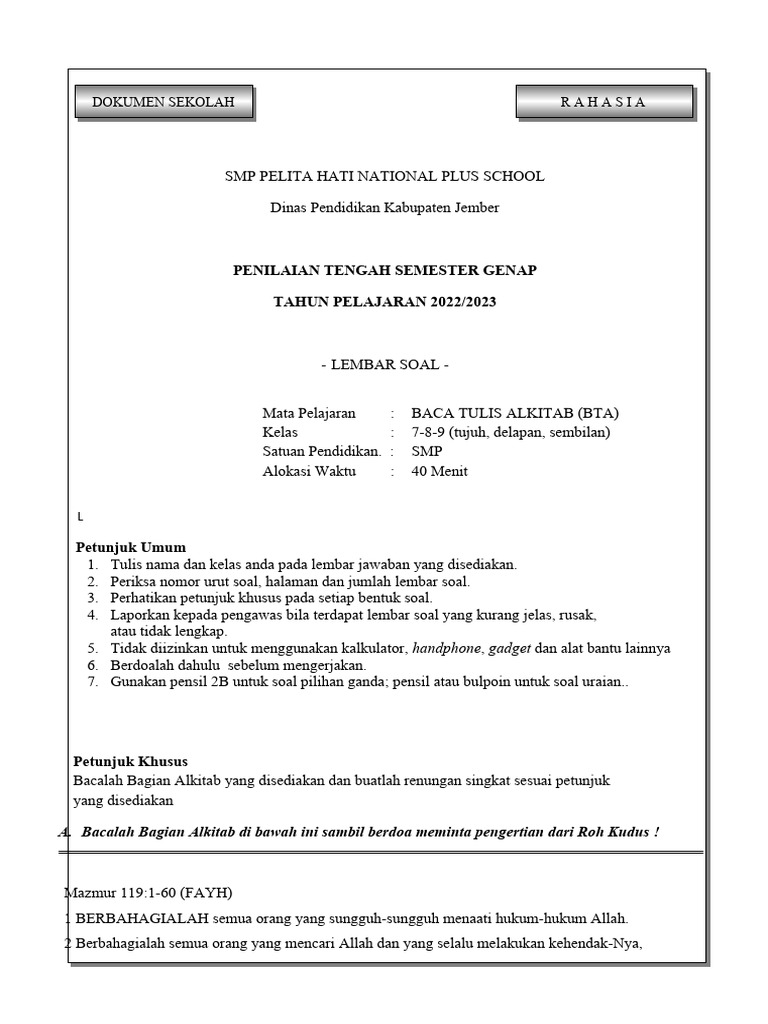 Pelita Hati - SOAL - BTA-PA KRISTEN PTS SMP (Sem 2 2022-2023) | PDF