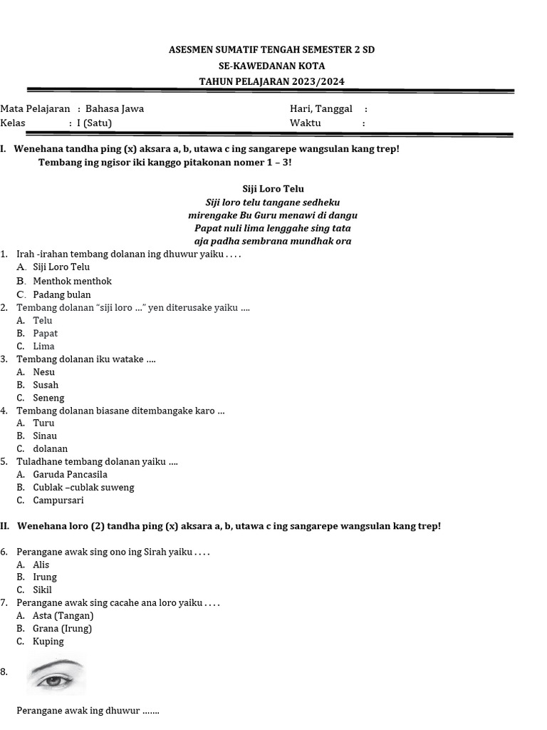 Soal STS 2 Bahasa Jawa Kelas 1 | PDF