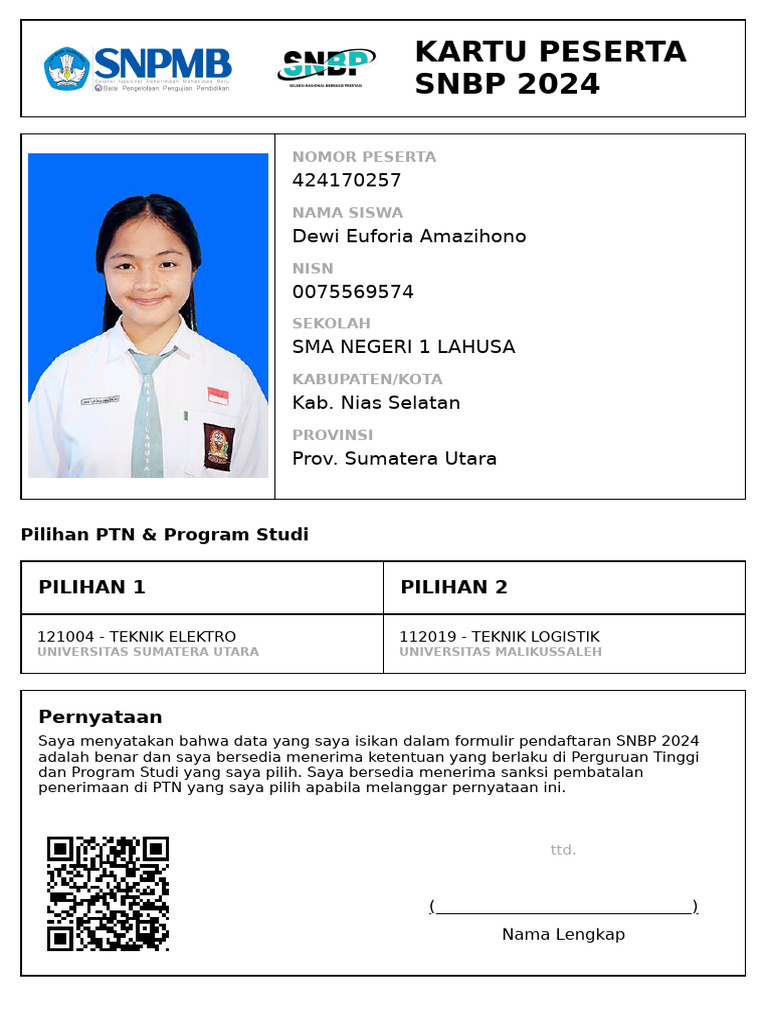 Kartu Peserta SNBP 2024 | PDF