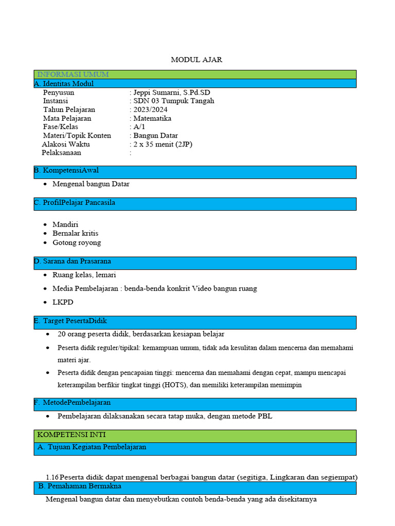 MODUL AJAR MATEMATIKA Bangun Datar | PDF | Karier & Perkembangan