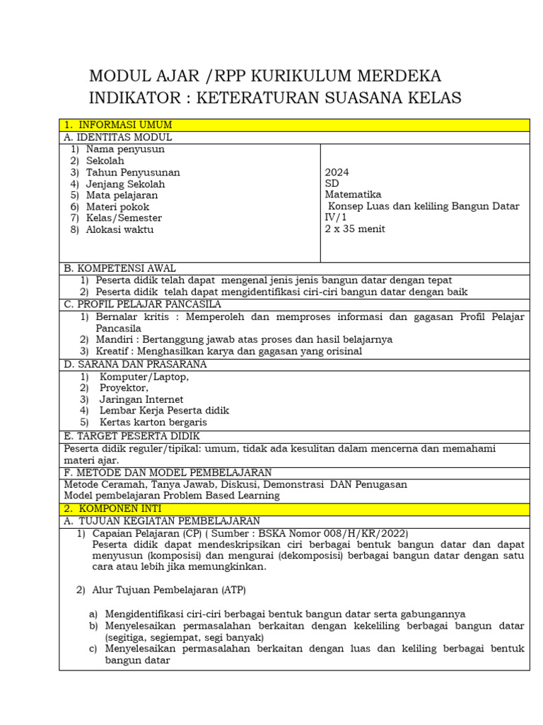 Modul Ajar Keteraturan Suasana Kelas | PDF