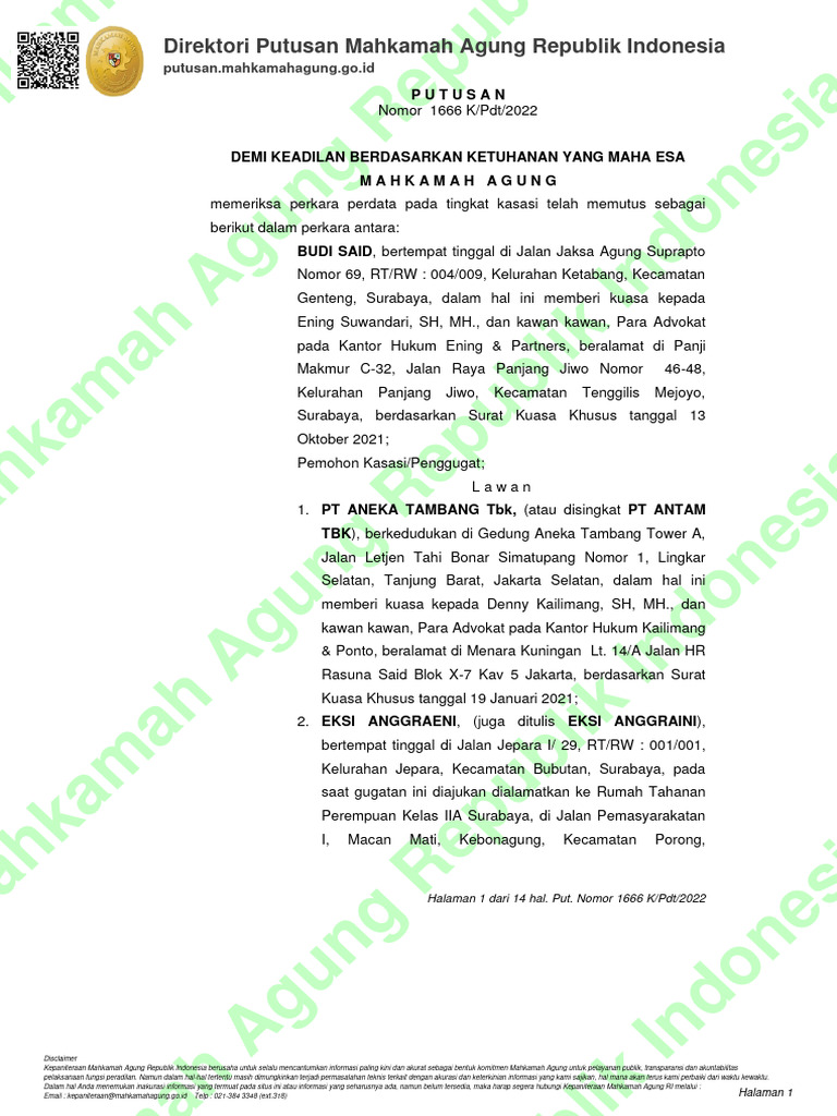Putusan - 1666 - K - PDT - 2022 - Putusan MA Antara BUDI SAID VS ANTAM ...