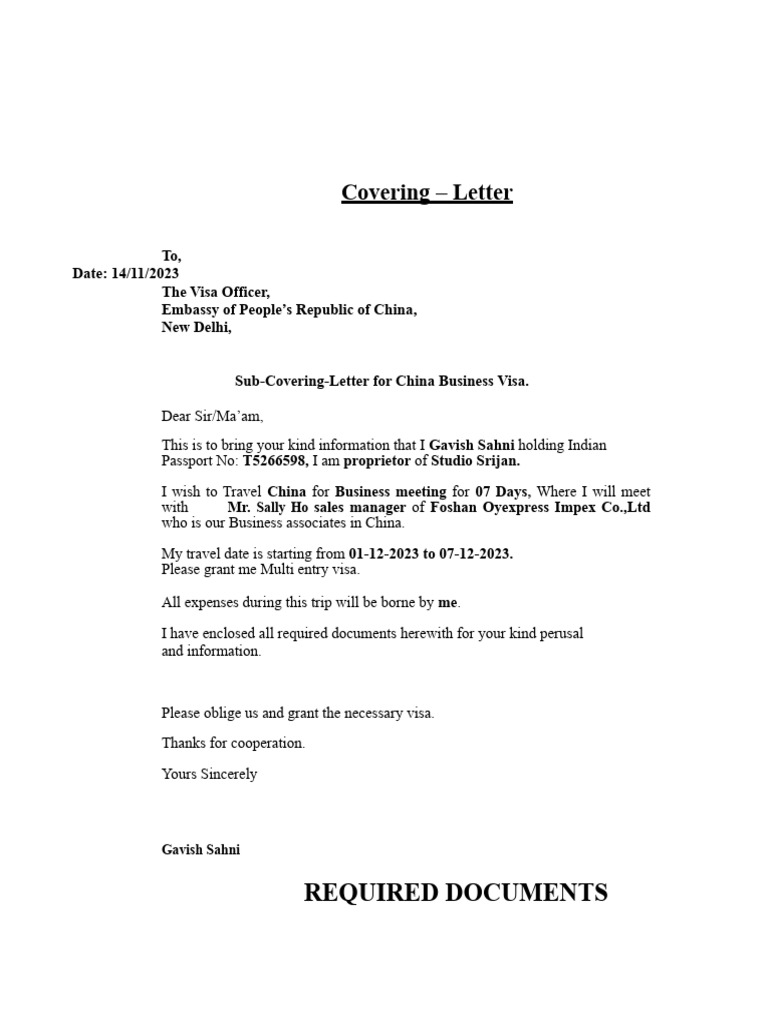 China Business Visa Cover Letter | PDF