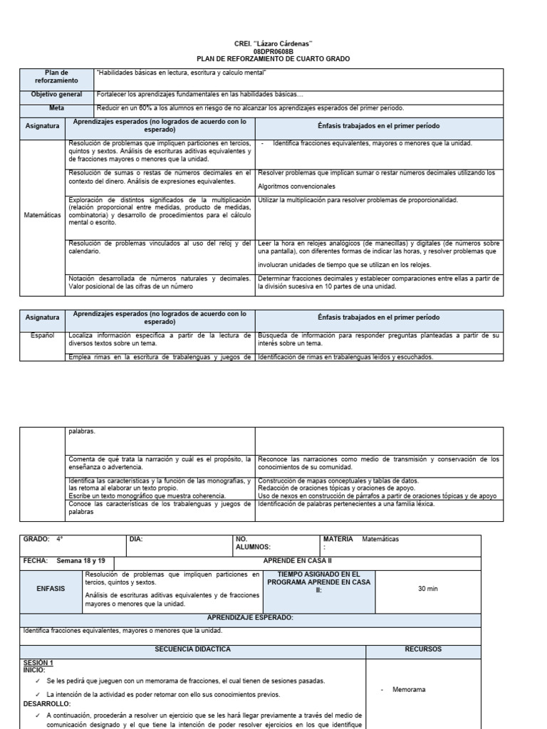 Plan Re Forza Mien To 4 To Grado | PDF | Evaluación | Rúbrica (Académica)