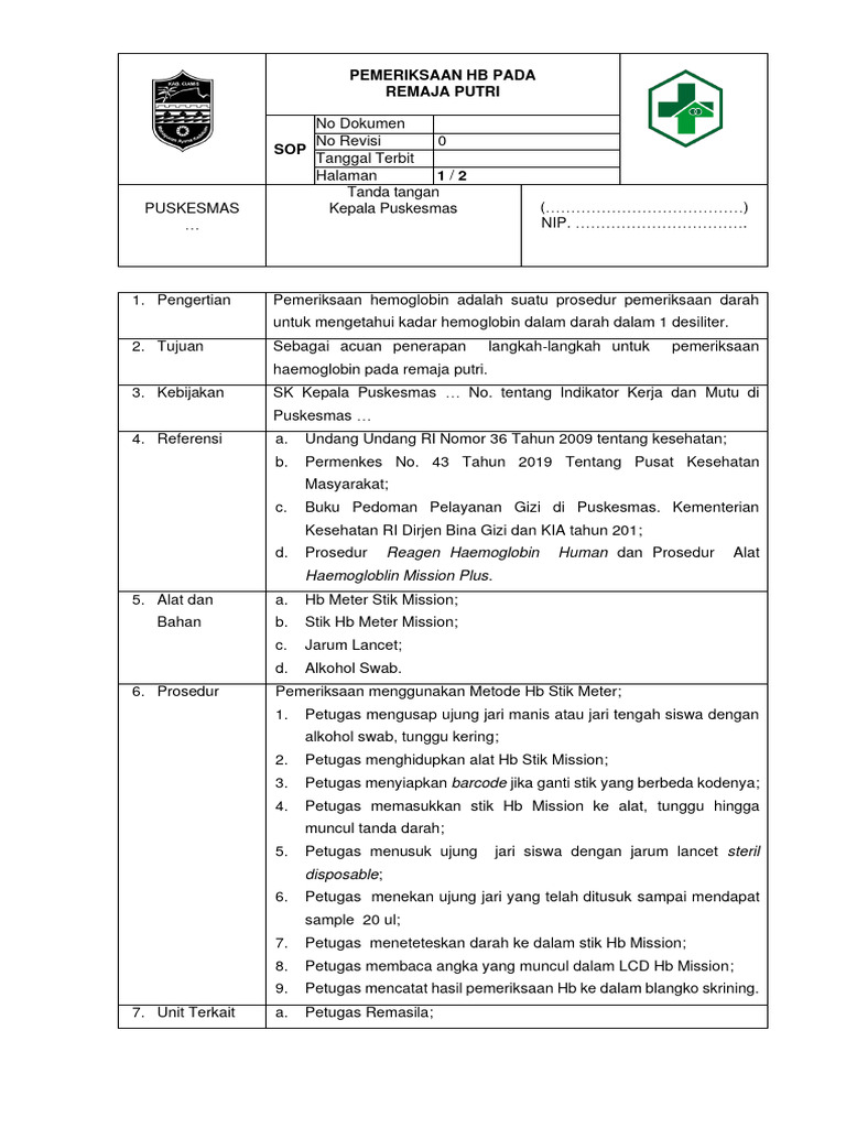 SOP Pemeriksaan HB Pada Remaja Putri | PDF