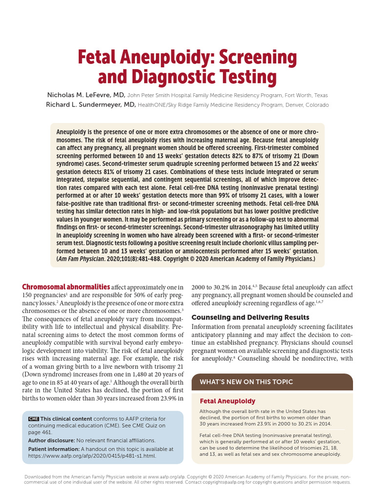 Fetal Aneuploidy Screening And Diagnostic Testing Pdf Pregnancy