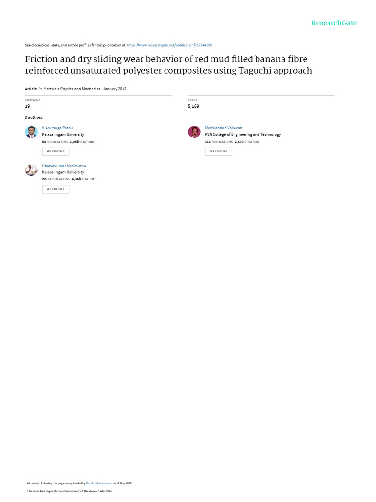 Friction and Dry Sliding Wear Behavior of Red Mud | PDF | Composite ...