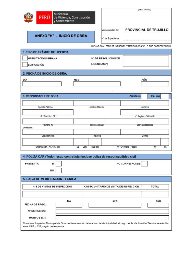 Formato Anexo H Inicio de Obra | PDF
