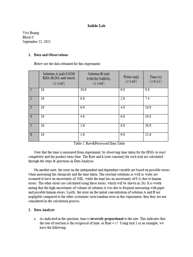 Iodine Lab | PDF | Reaction Rate Constant | Observational Error