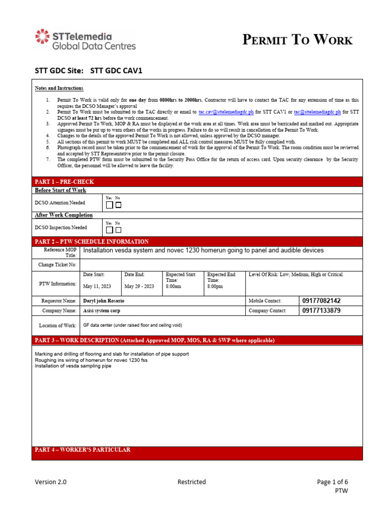 STT GDC Sea - Dco.sg - Dcso Form 006 Permit To Work v2.0 | PDF ...