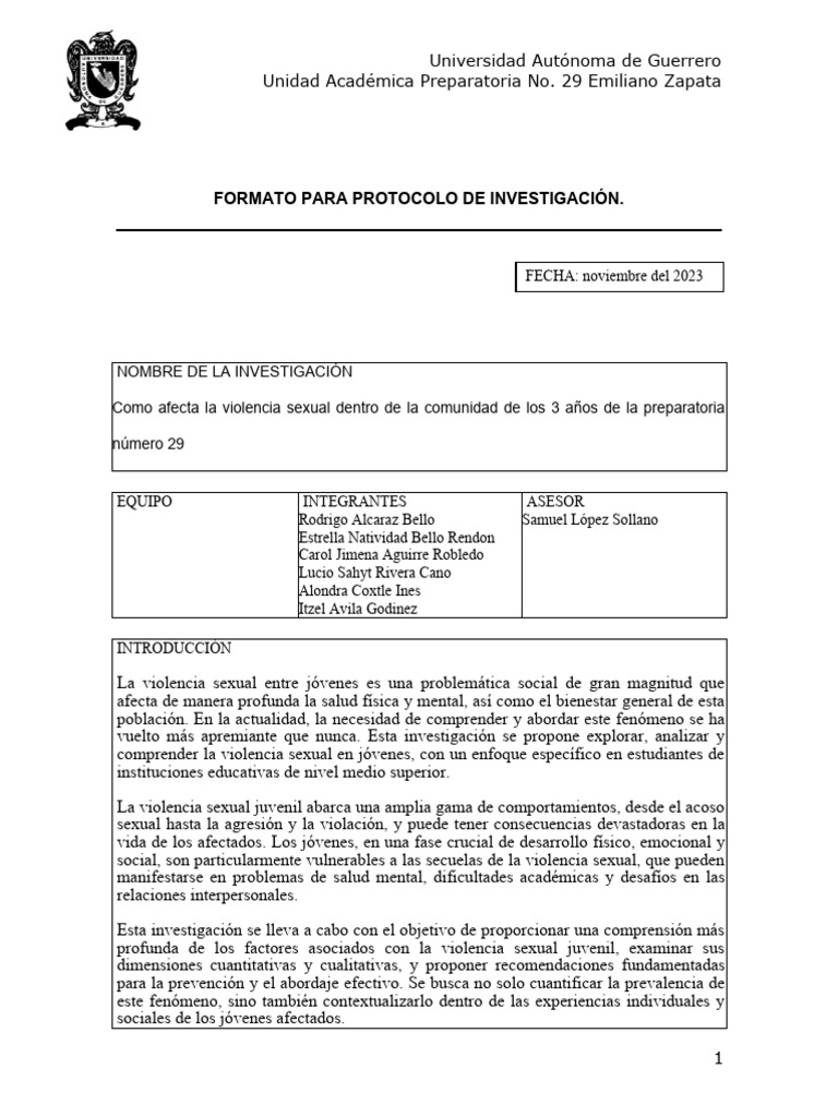 FORMATO PARA PROTOCOLO DE INVESTIGACIÓN-nuevo | PDF | La violencia contra las mujeres | Violencia