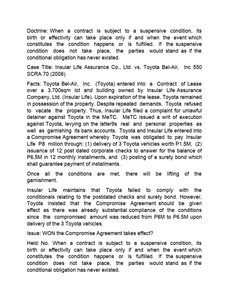 Compromise Agreement and Suspensive Conditions | PDF | Toyota | Surety