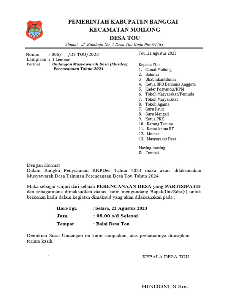 Undangan Musdes Perencanaan 2024 Desa Tou | PDF