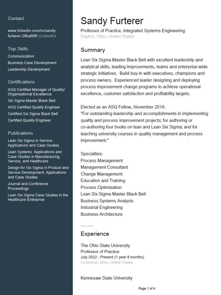 CV - Sandra L Furterer | PDF | Six Sigma | Quality Management