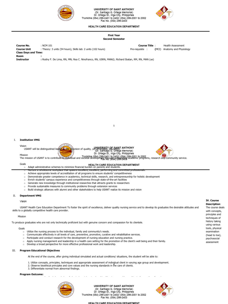 HEALTH ASSESSMENT Syllabus 2023 2 | PDF | Nursing | Learning