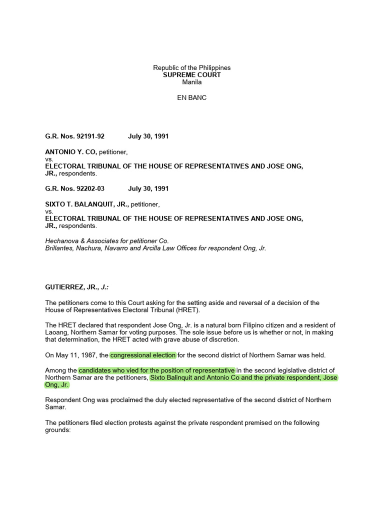 Co vs. HRET | PDF | Jurisdiction | Citizenship