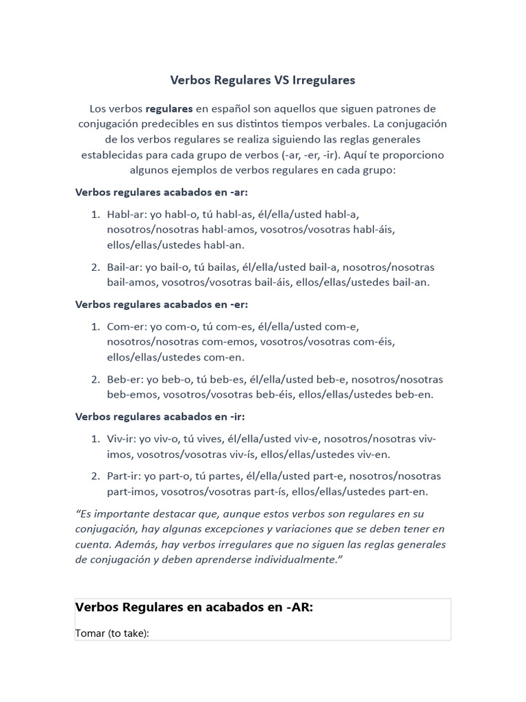 Verbos Regulares VS Irregulares | PDF | Verbo | Conjugación gramatical