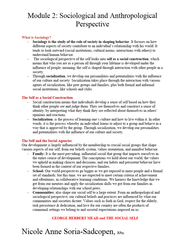 Module 2. Sociological and Anthropological Perspective | PDF | Self Efficacy | Socialization