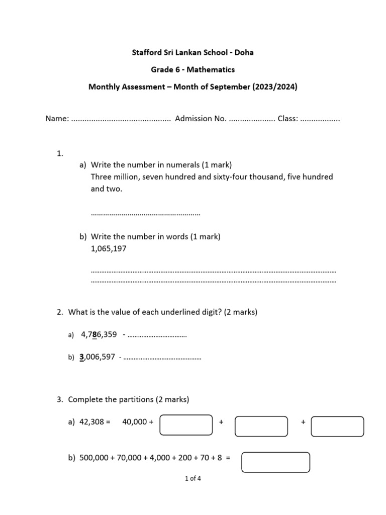 Monthly Assessment Math Sep 2023 | PDF | Mathematics