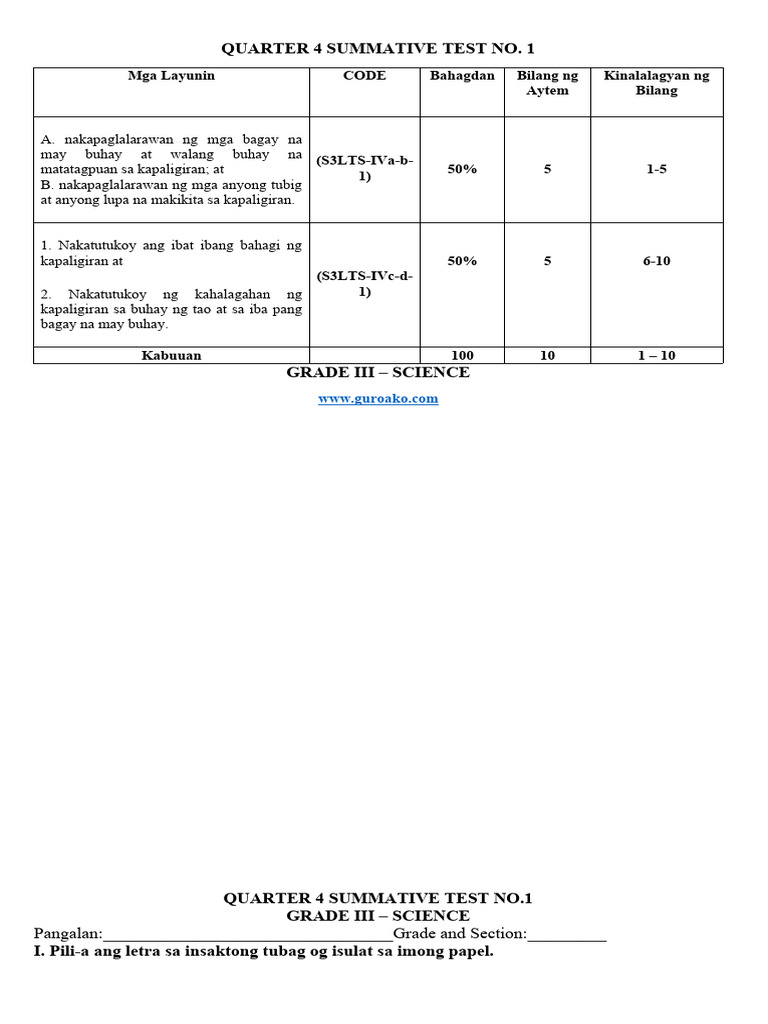 Q4 ST 1 GR.3 Science With Tos | PDF