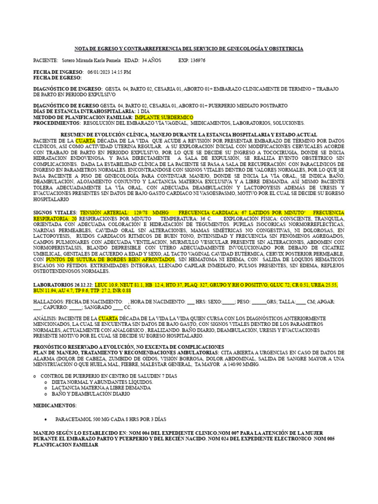 Nota de Egreso y Contrarreferencia Del Servicio de Ginecología y ...