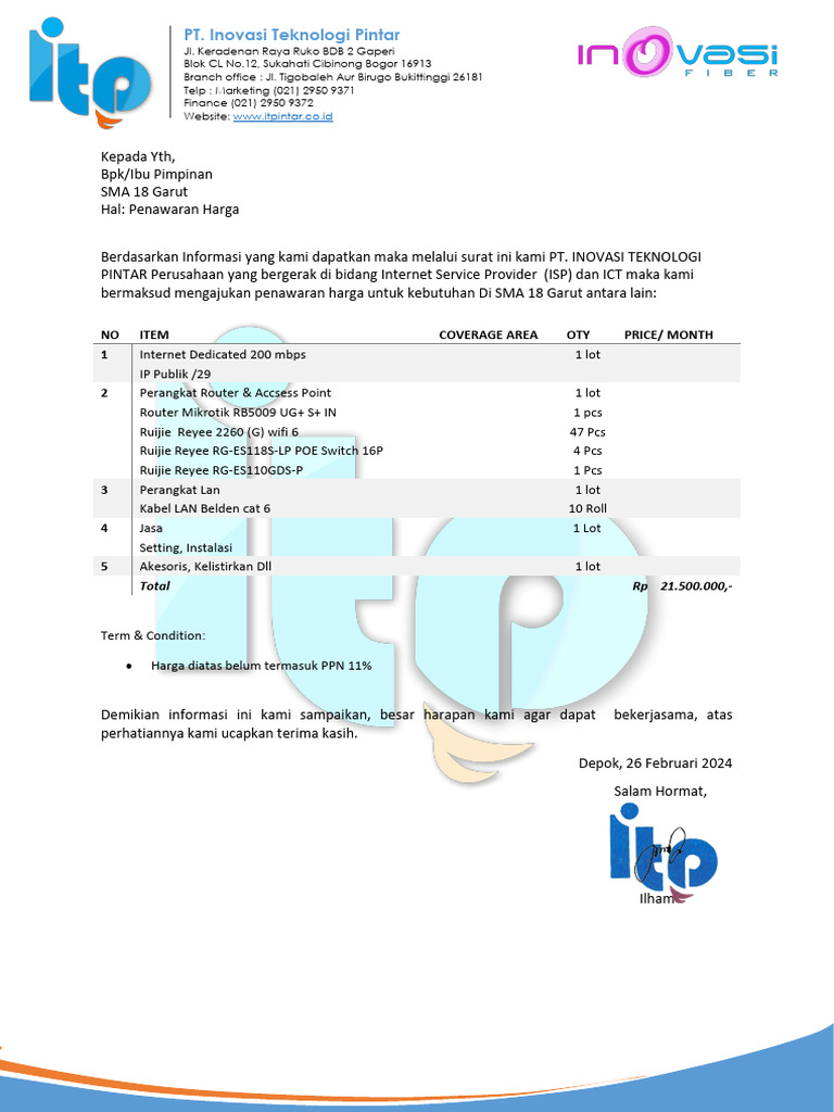 Penawaran ISP untuk SMA 18 Garut | PDF