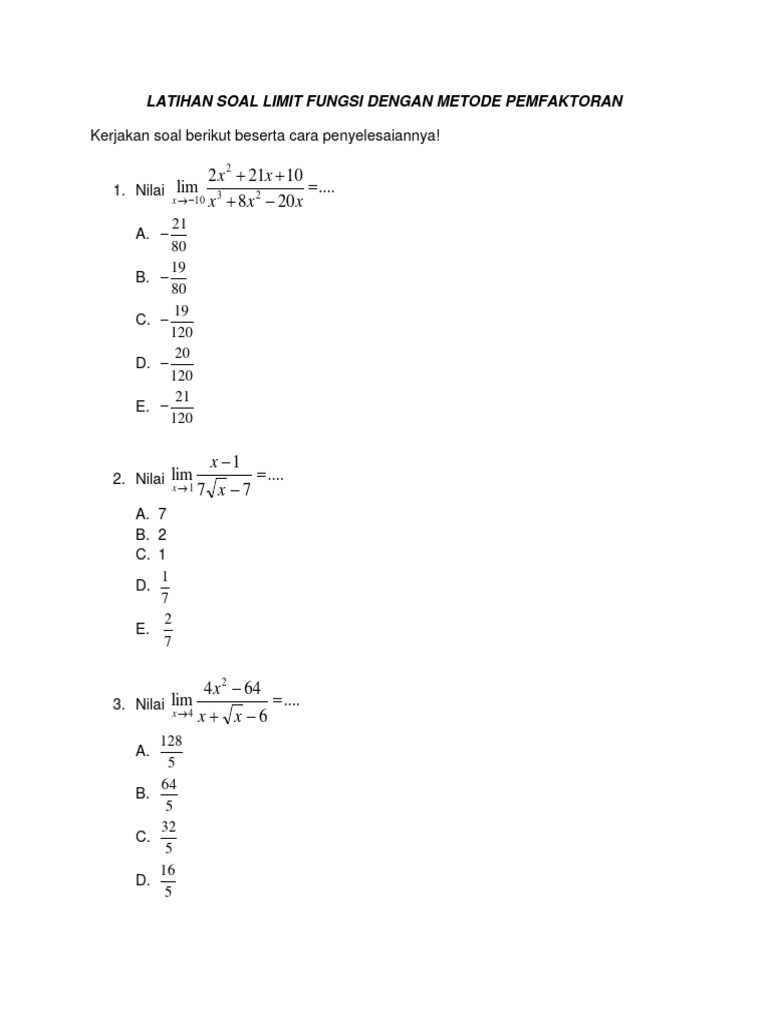 Latihan Soal Limit Fungsi Dengan Metode Pemfaktoran | PDF
