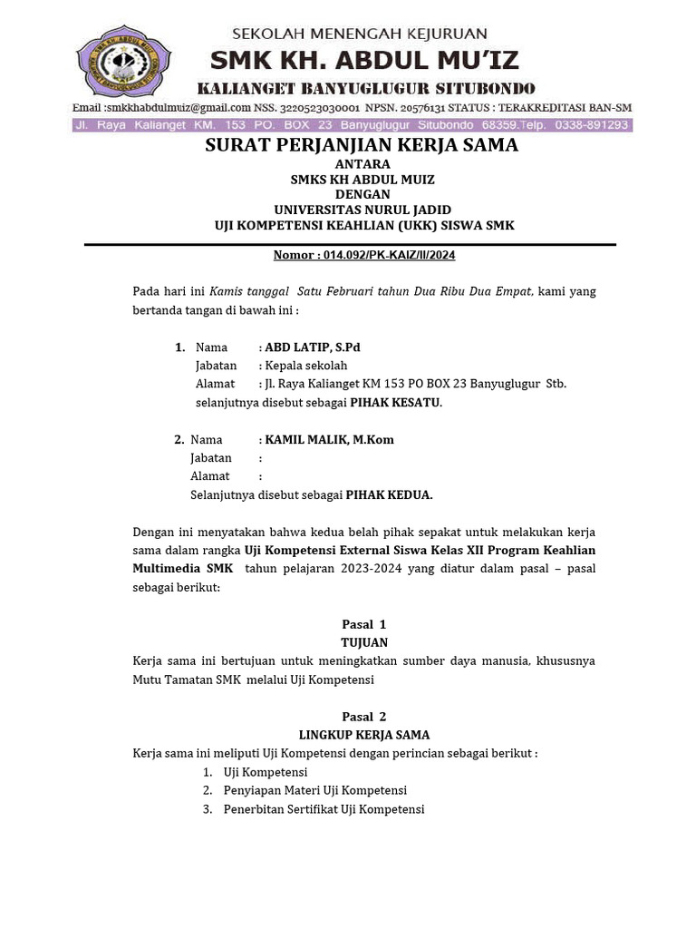 SURAT PERJANJIAN MOU Ukk 2024 | PDF