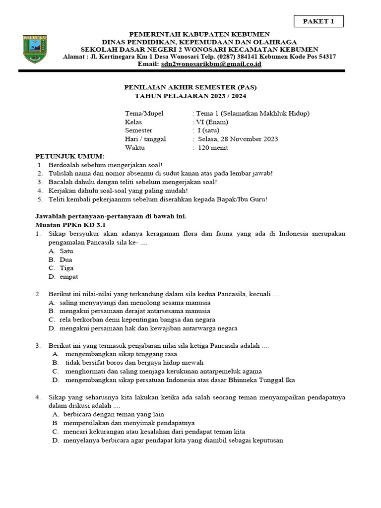 Soal Pas Kelas 6 Tema 1 Sesi 1 2023 | PDF
