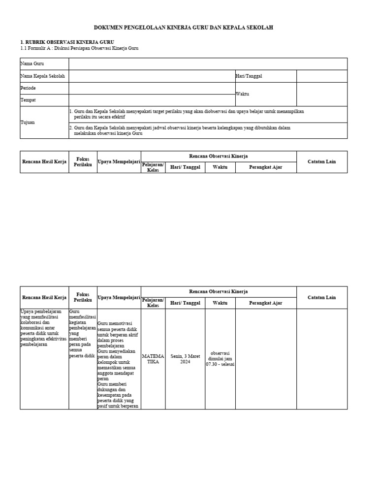 Form Observasi Guru (Form A - D) | PDF