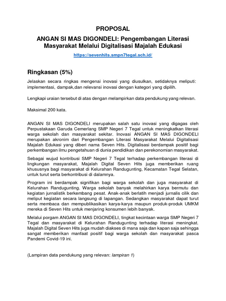 Contoh Proposal SMP 7 TEGAL - ANGAN SI MAS DIGONDELI | PDF
