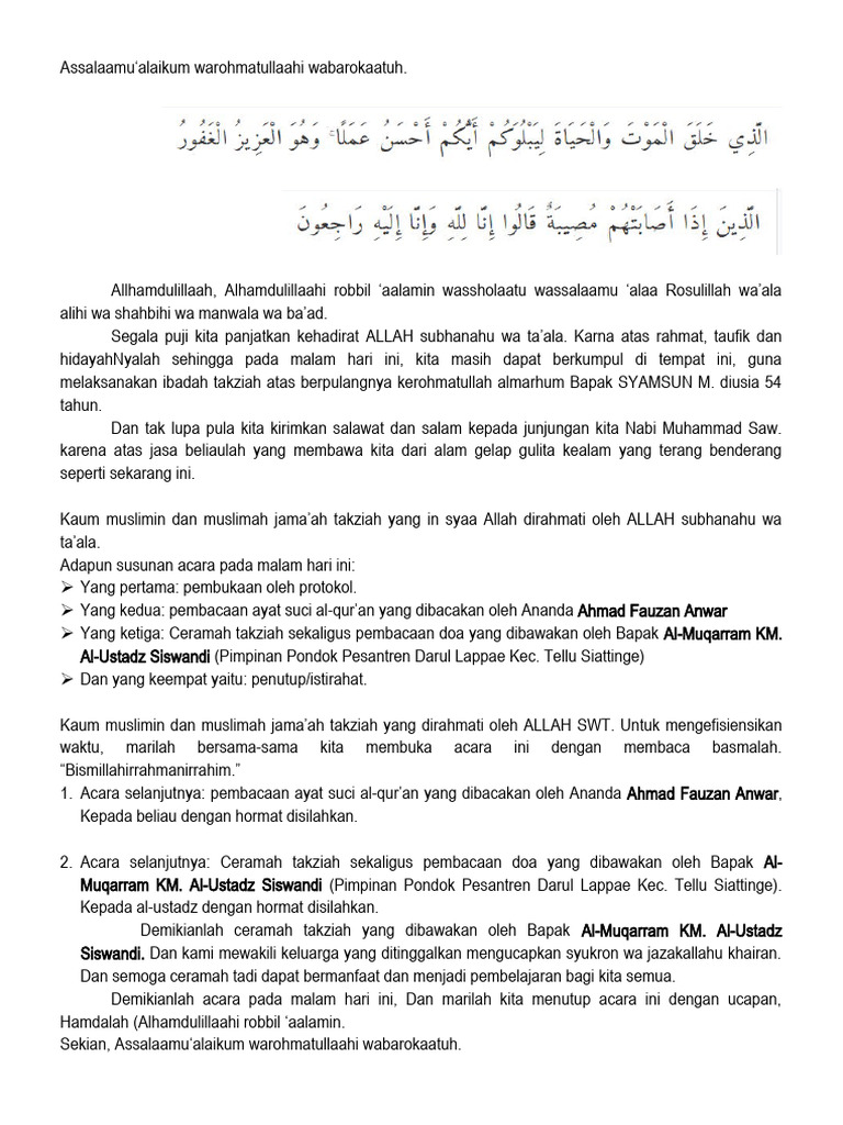 Susunan Acara Takziah Syamsun M. | PDF