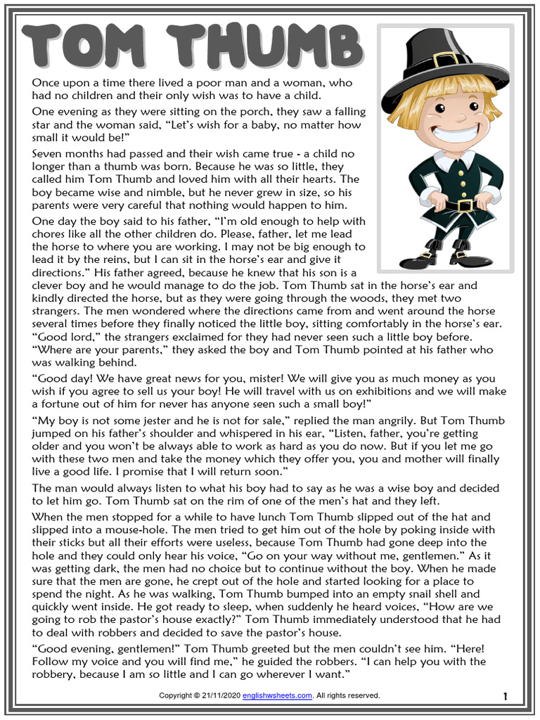 Tom Thumb Esl Printable Fairy Tale Reading Text For Kids | PDF