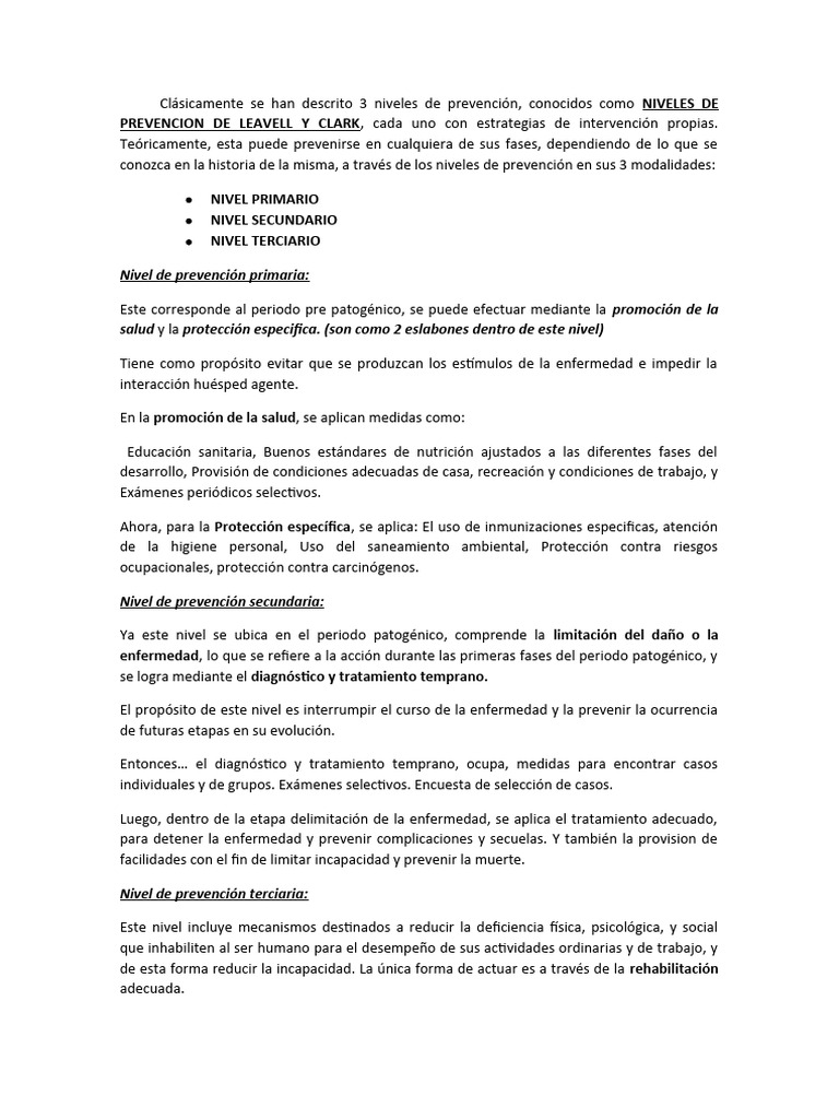 Niveles de Prevención de Leavell y Clark | PDF | Asistencia sanitaria ...