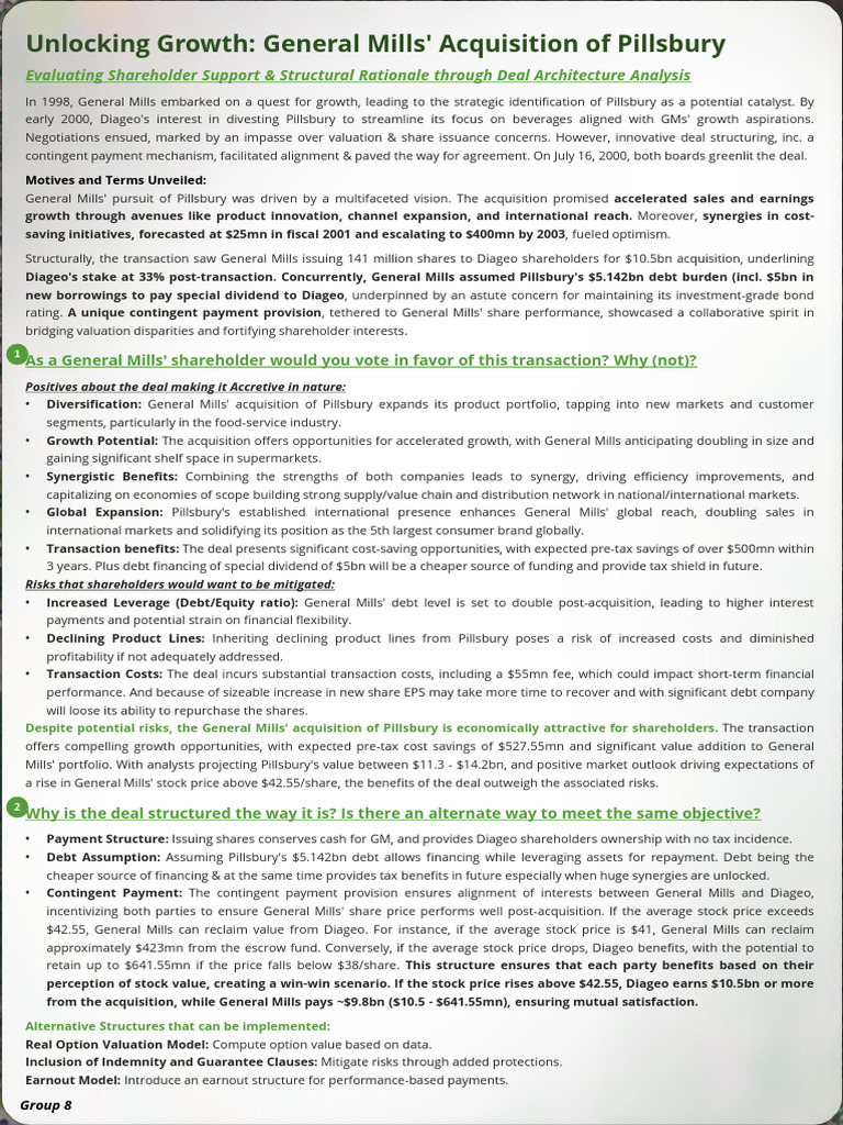 M&A - GM & Pillsbury - Assignment | PDF | Stocks | Debt